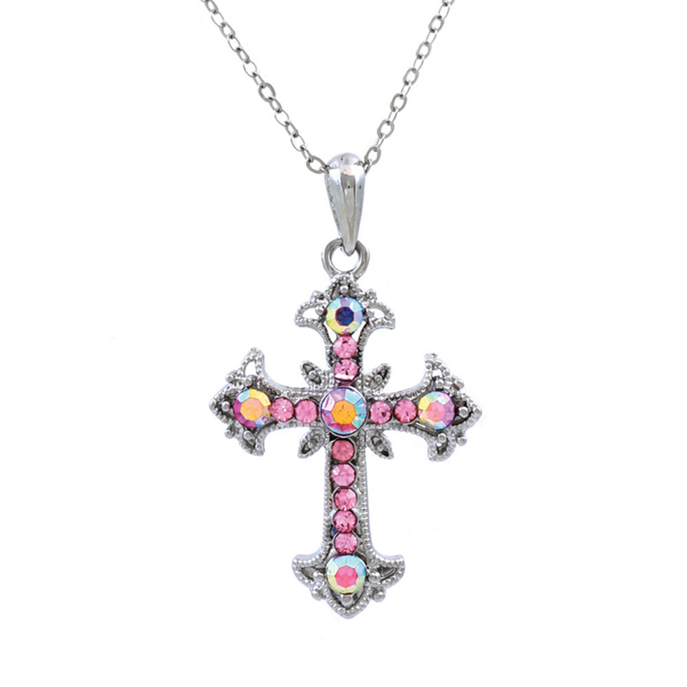 N5117 LROS Religious Small Stone Cross Pendant Necklace