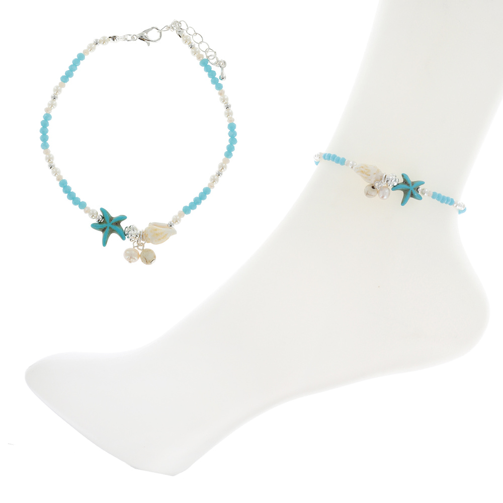 AK8255 SBL STARFISH & SEASHELL SEED BEAD ADJUSTABLE CHARM ANKLE ...