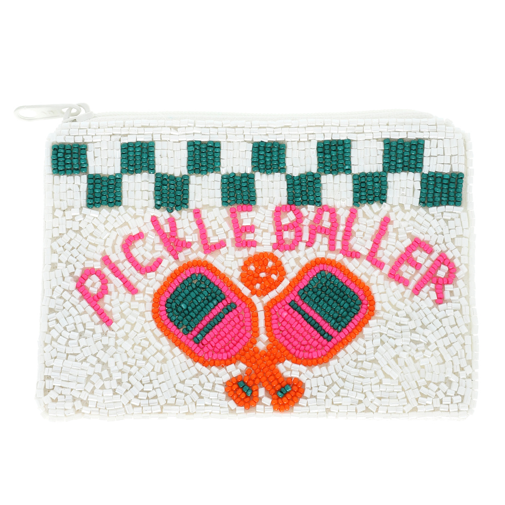 BAG14407 GR PICKLE BALLER CHECKERED BEADED ZIPPER COIN BAG - Coin Purses