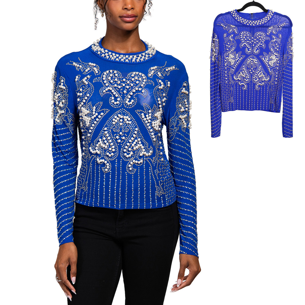 BLG1300 BK WOMEN'S PEARL & RHINESTONE SHEER BLOUSE - Tops