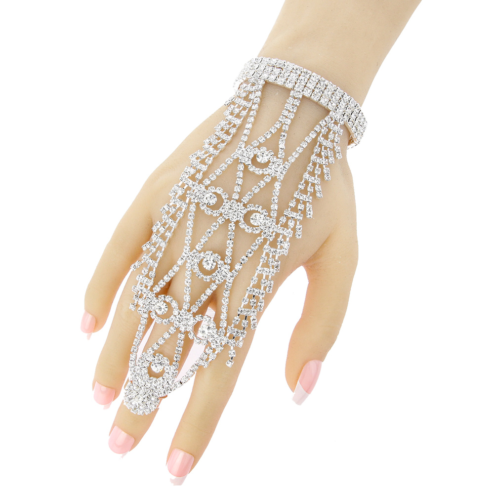 BRW203 S RHINESTONE HAND BR W/ RING - Hand Chains