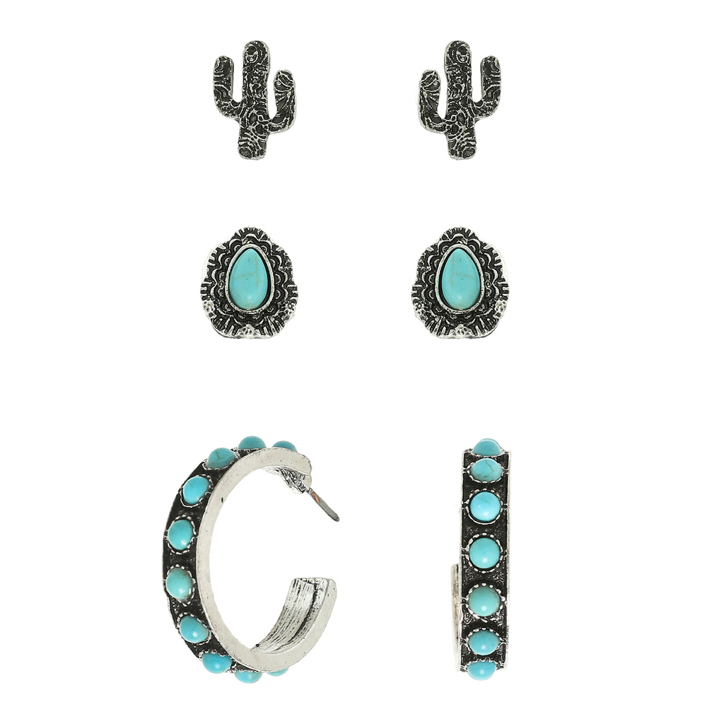 E11979 SBTQ 3-PAIR WESTERN THEME ASSORTED EARRING SET - Fashion