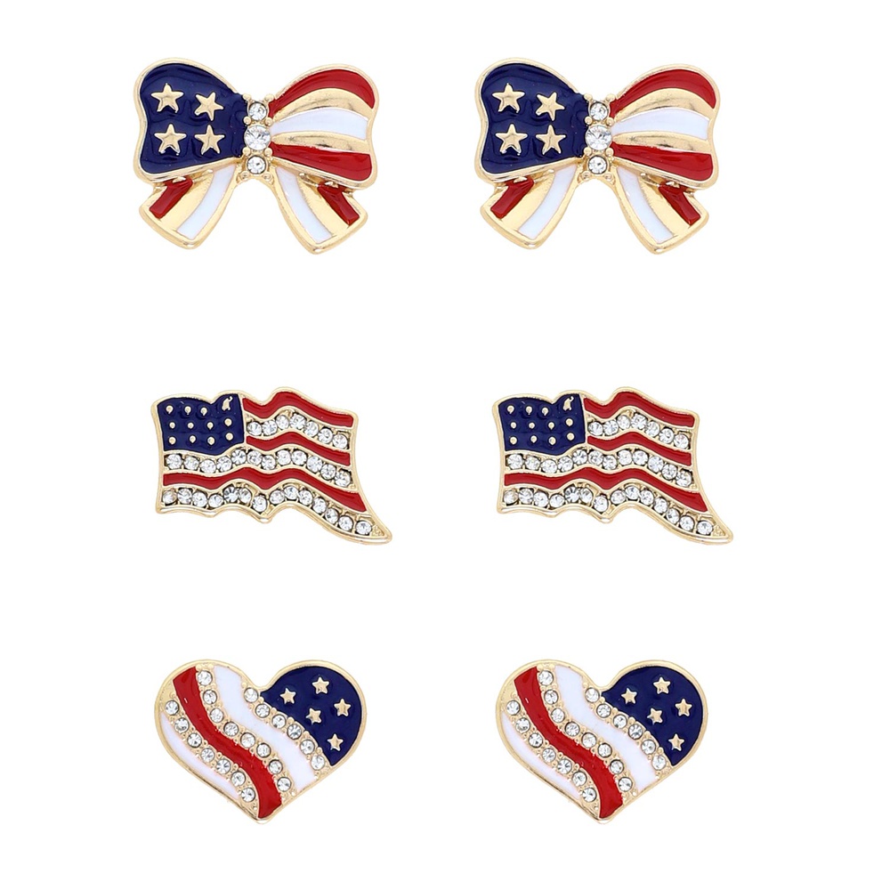 E12342 MLT 3-PAIR PATRIOTIC ASSORTED STUD EARRING SET - Fashion