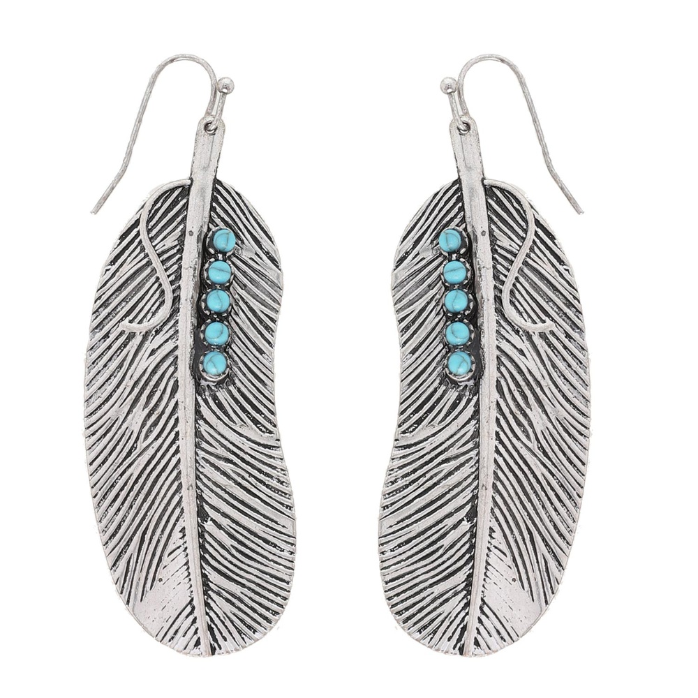 E13152 SBTQ WESTERN TURQUOISE FEATHER EARRINGS - Fashion