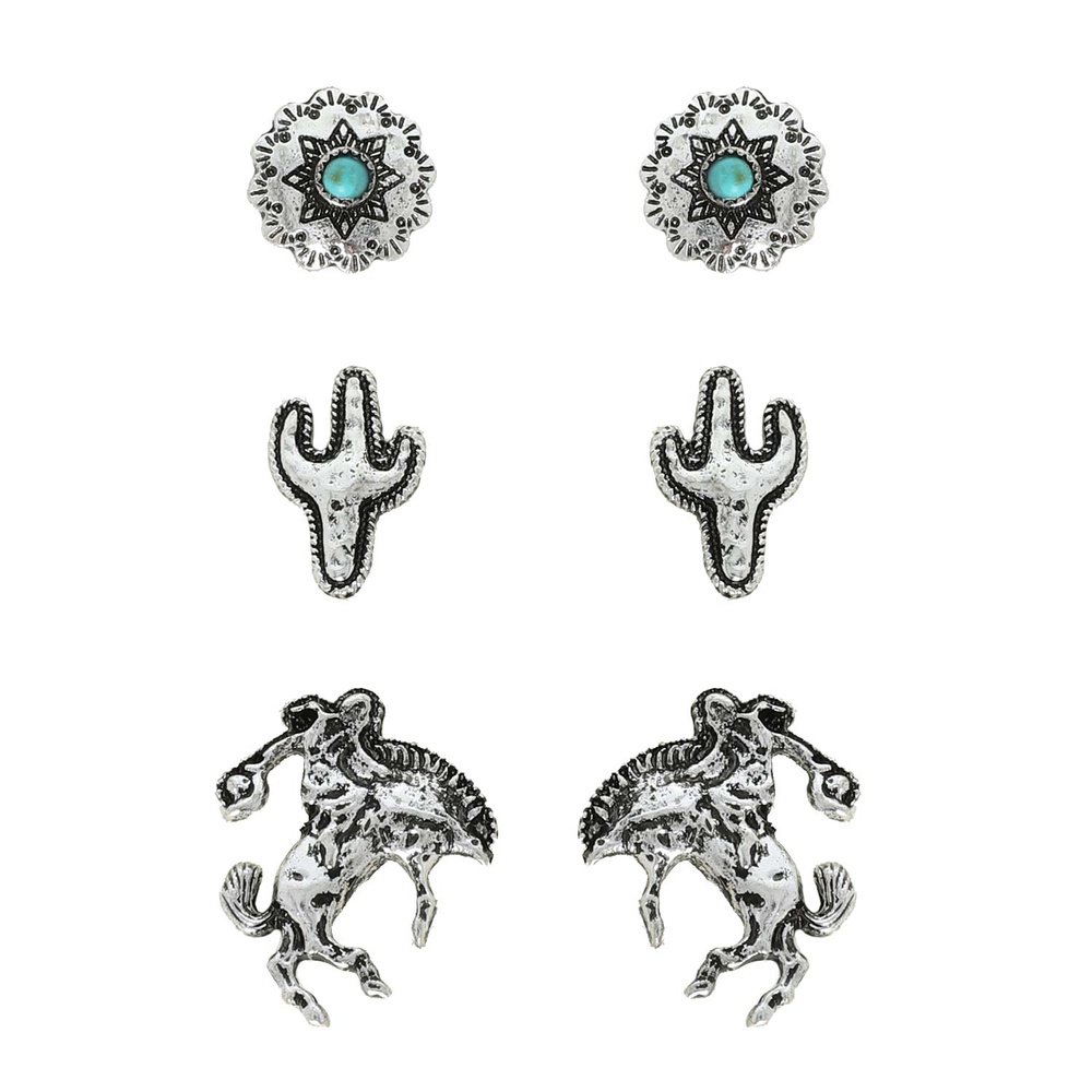 E13935 SBTQ 3-PAIR WESTERN AZTEC DESIGN ASSORTED EARRING SET - Fashion