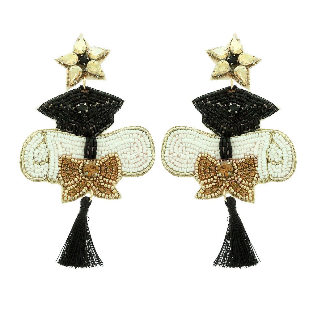 E14629 BK GRADUATE CAP AND DIPLOMA TASSEL BEADED EARRINGS - Graduation