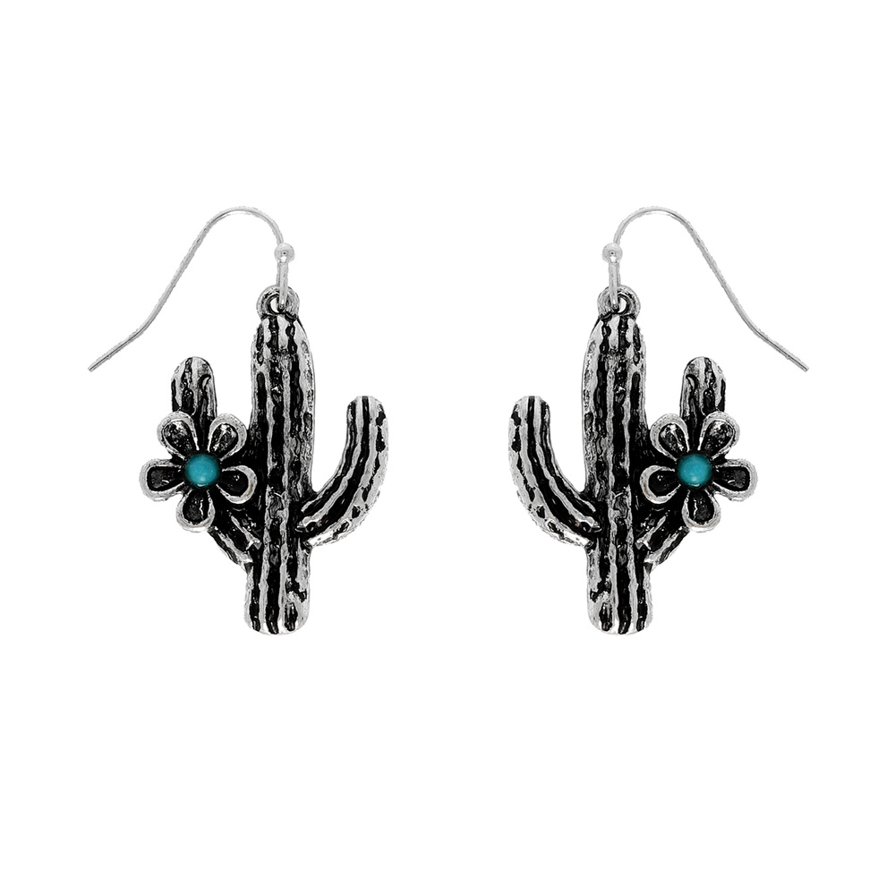 E15342 SBTQ WESTERN FLORAL TURQUOISE CACTUS DANGLE EARRINGS - Fashion