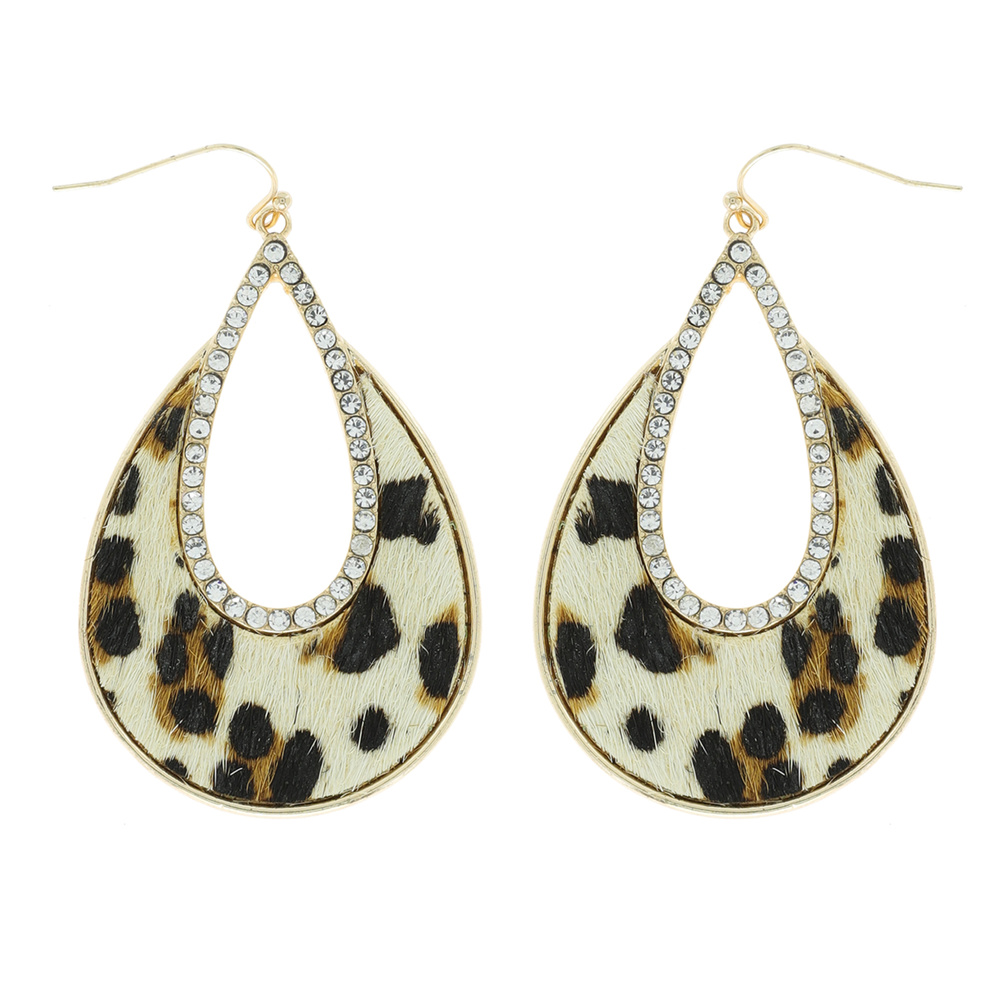 E6003 WHT LEOPARD CHEETAH PRINT CRYSTAL RHINESTONE TEAR DROP DANGLE ...