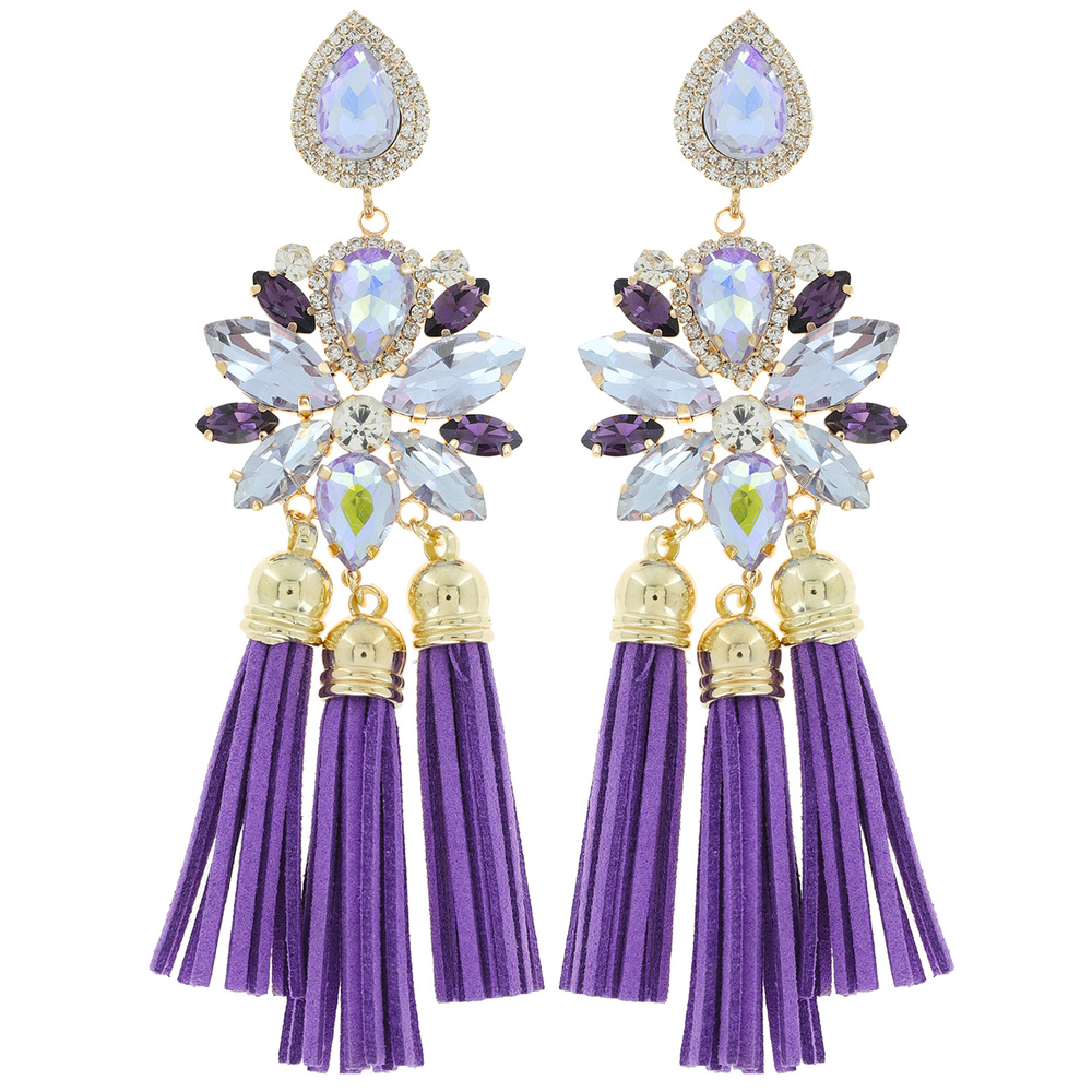 E7665 LAV BOHEMIAN GYPSY CRYSTAL GEMS FLOWER SUEDE TASSEL EARRINGS ...