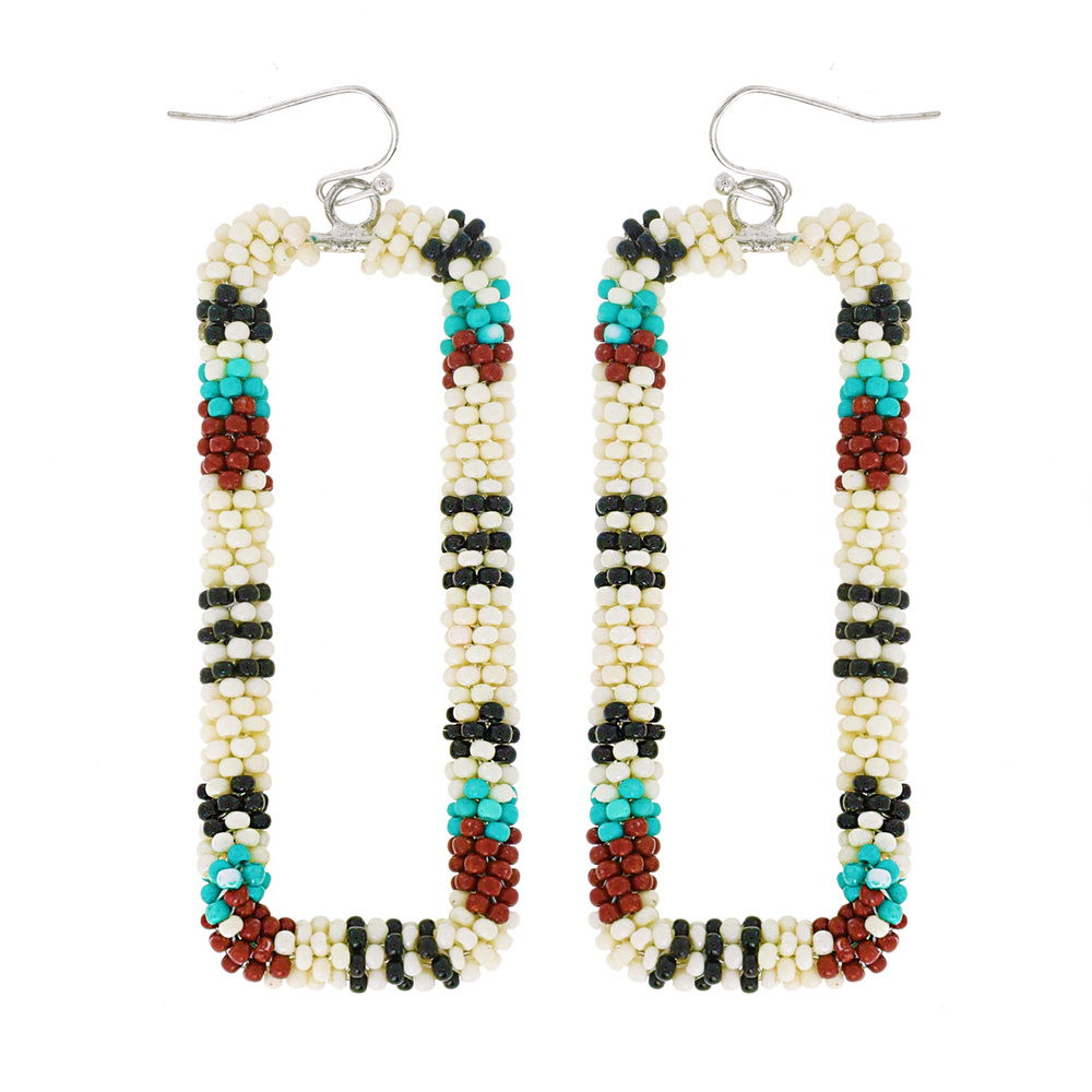 E9058 MT NATIVE AMERICAN HANDMADE MULTICOLOR SEED BEAD OPEN RECTANGLE DANGLE AND DROP HOOK ...