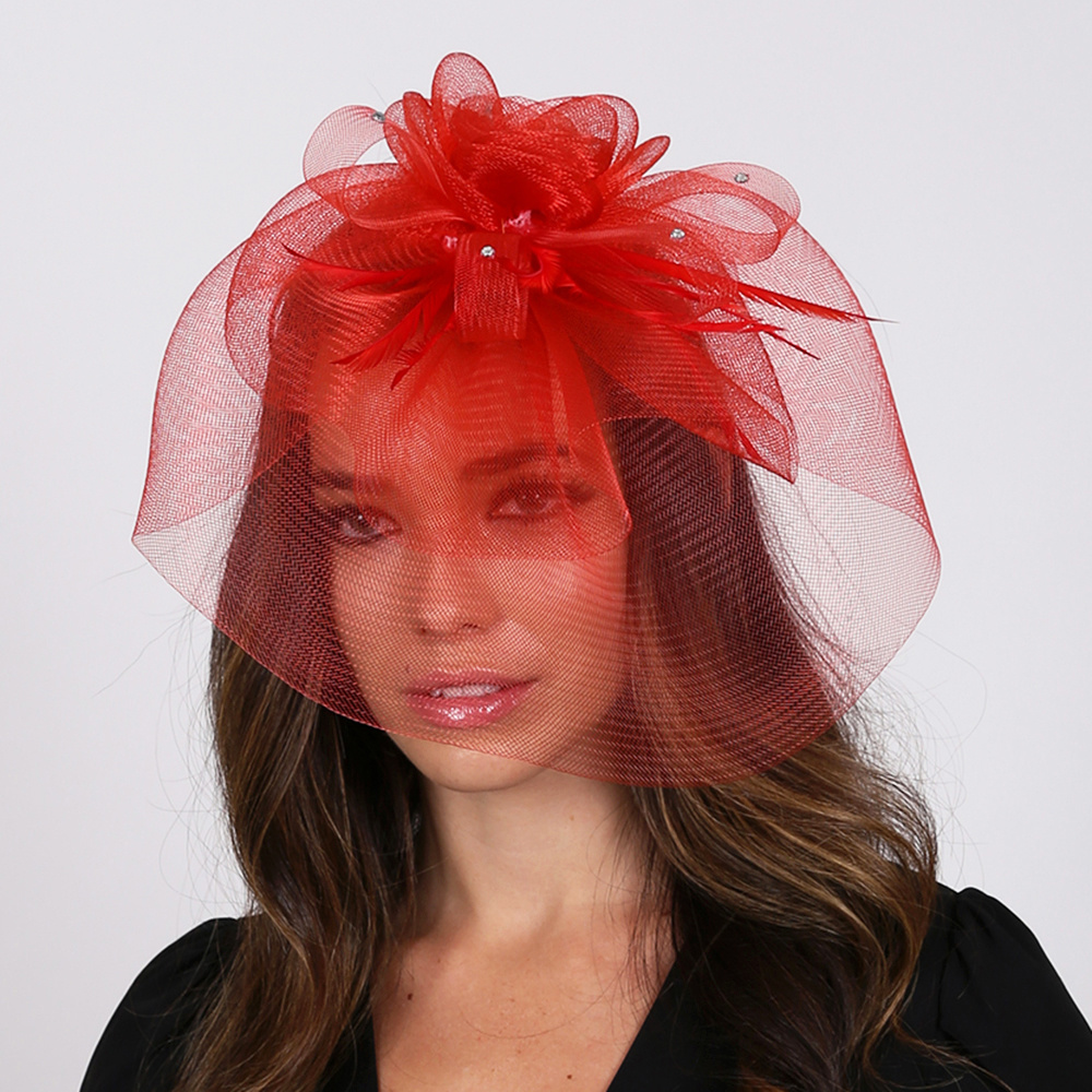 FT4 RD RED CUTE HEADBAND FASCINATOR WITH FLOWER MESH - Fascinators