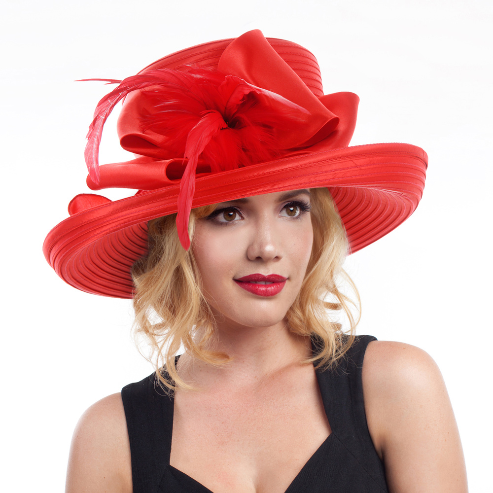 HTB2028 RD BRIM SATIN BRAID HAT WITH BOW AND LONG FEATHERS - Hats