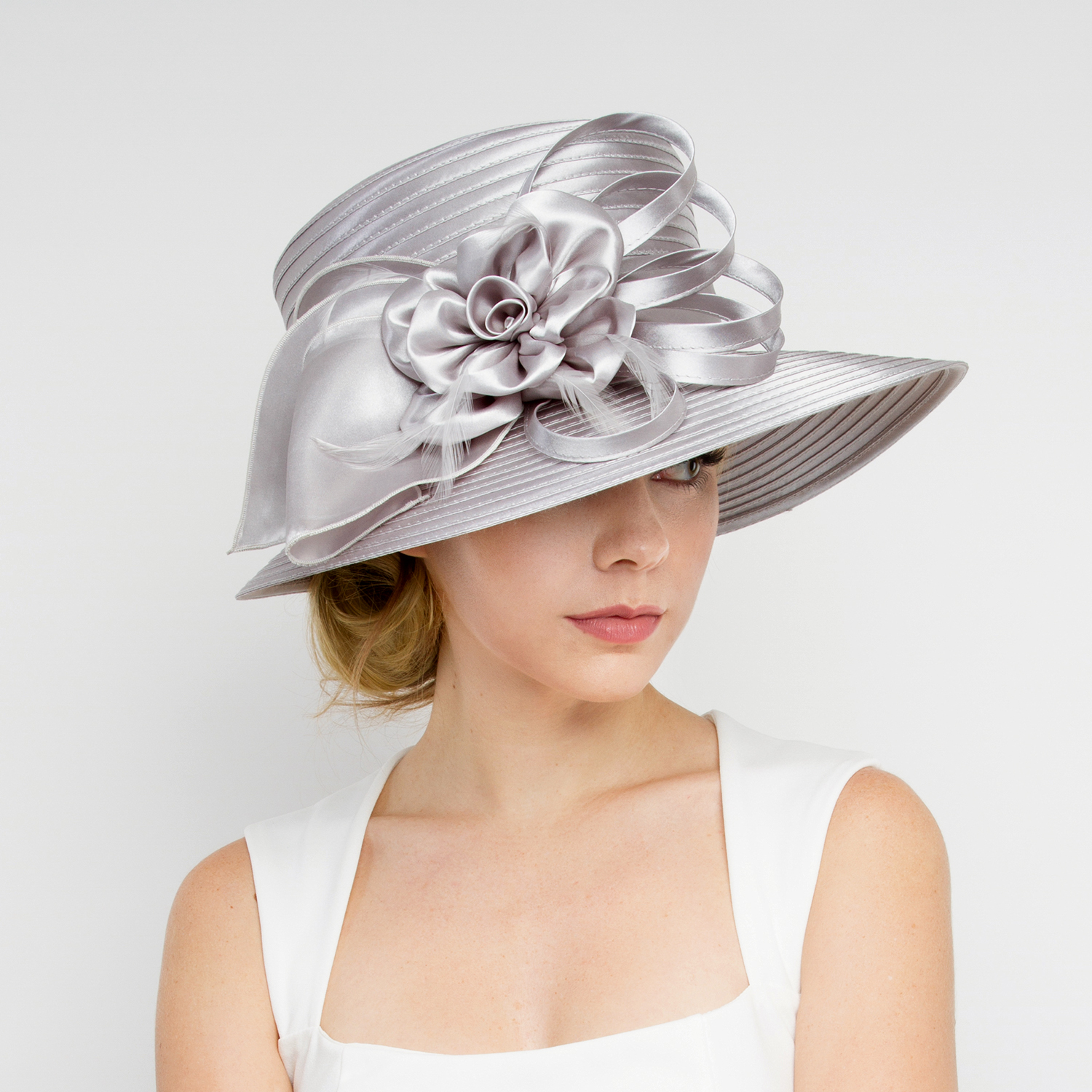 HTB2030 RD Medium Oval Brim Satin Braid Hat with Bow, Flower and ...