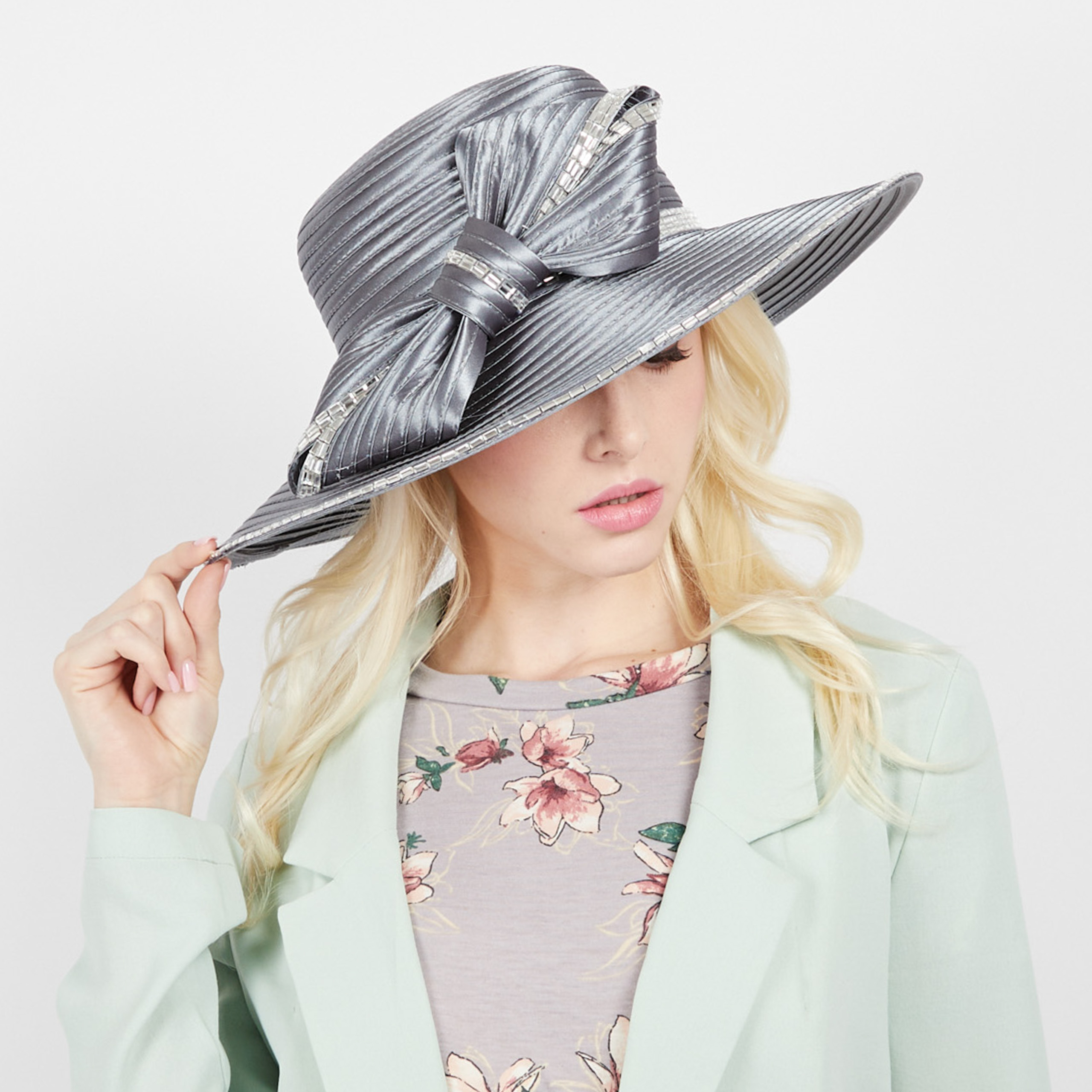 HTB2341 GY BIG BOW RHINESTONE TRIM BRAID HAT - Dressy - Braid