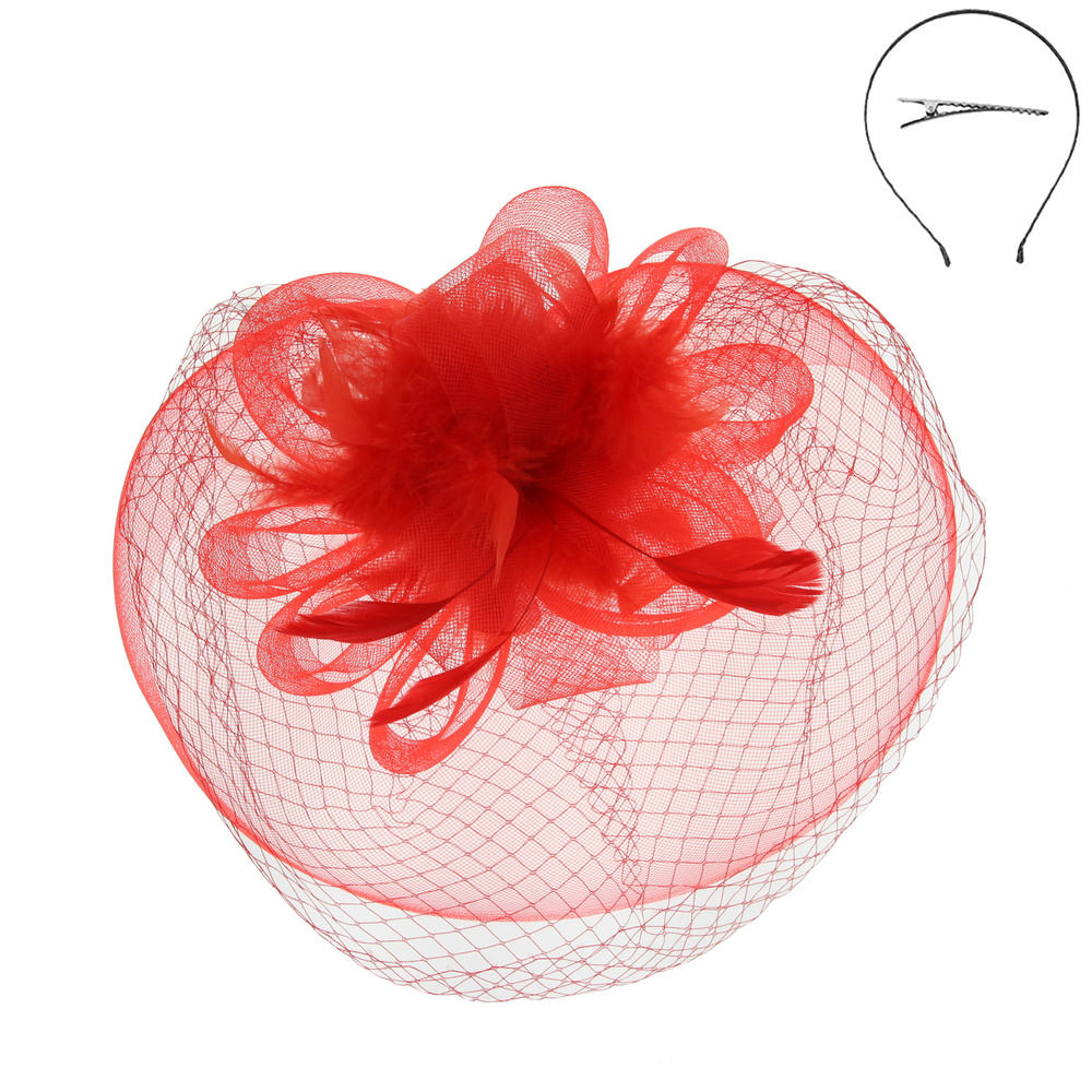 HTH2296 RD MESH VEIL FEATHERED LOOP FLOWER FAS - Fascinators