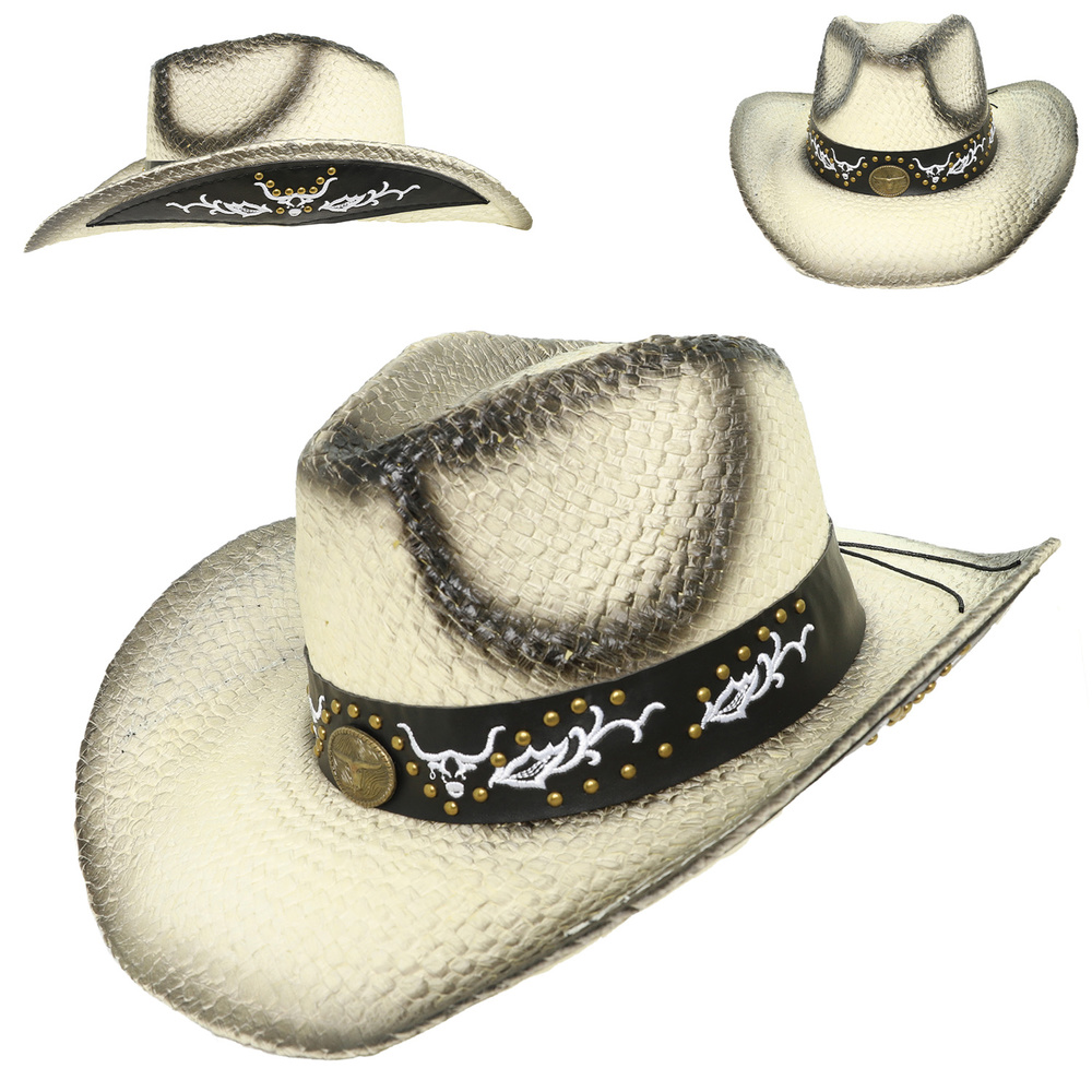 HTP2955 WH FASHION WESTERN STRAW WOVEN COWBOY HAT - Casual - Fashion