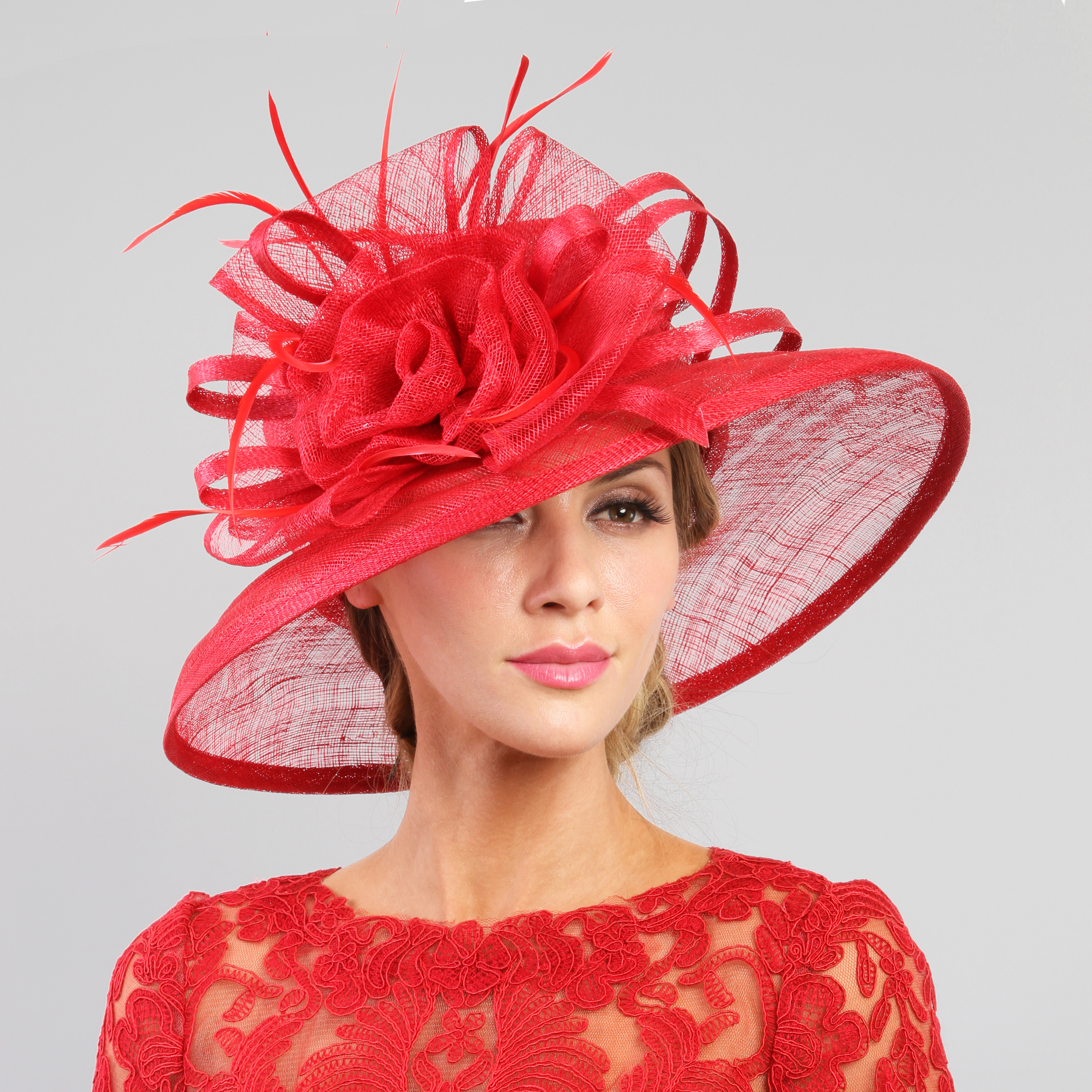 HTS2074 BK Large brim sinamay hat w/ floral feather center - Dressy ...