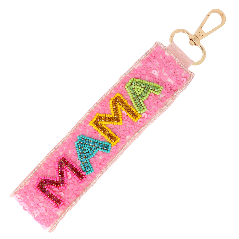 K14501 FU MAMA LONG STRIP SEED BEADED SEQUINS KEYCHAIN - Keychains