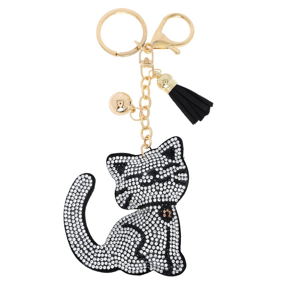 KCY12509 CRY JEWELED CAT FRINGE JINGLE CHARM KEYCHAIN - Keychains