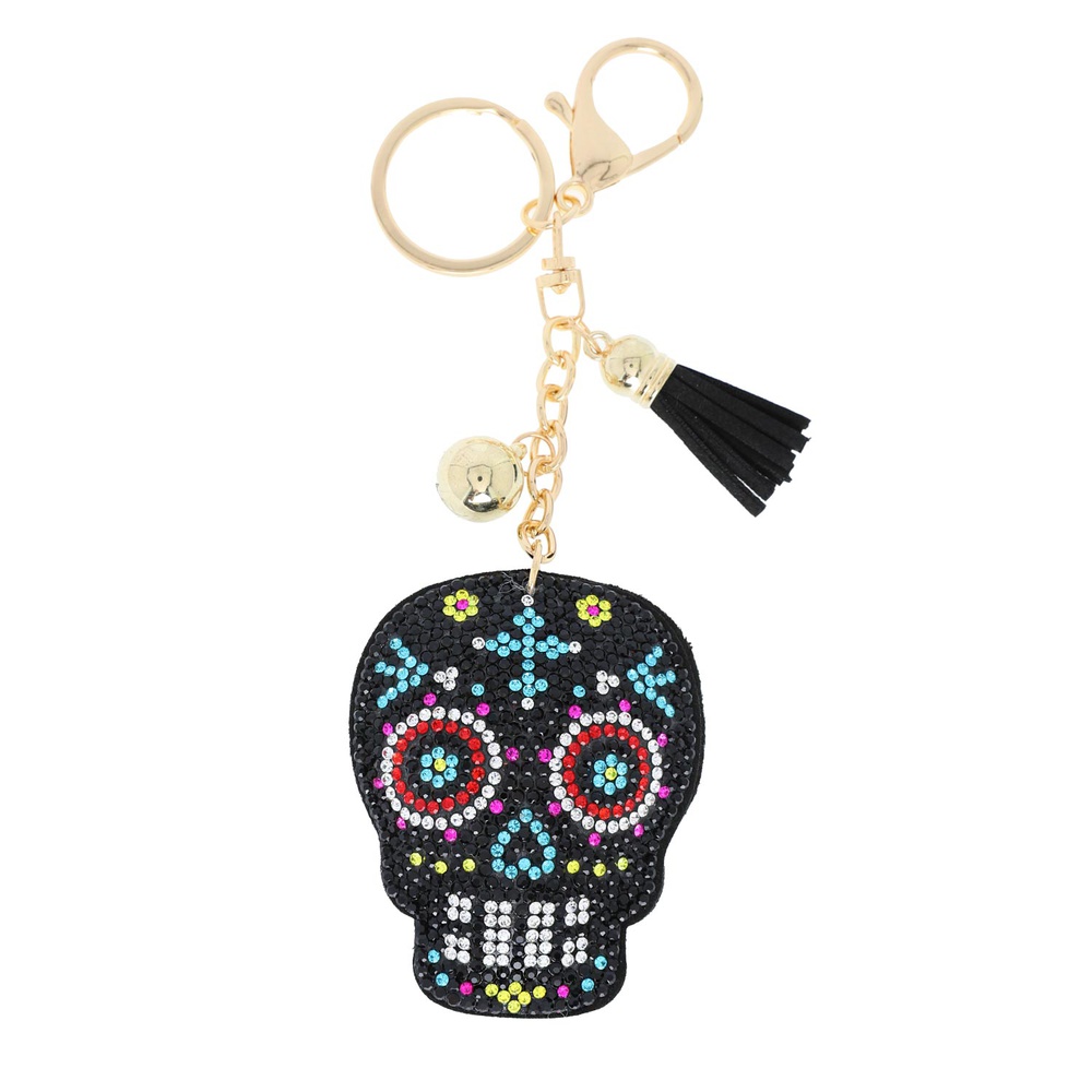 KCY12514 BK JEWELED SUGAR SKULL FRINGE JINGLE CHARM KEYCHAIN - Keychains