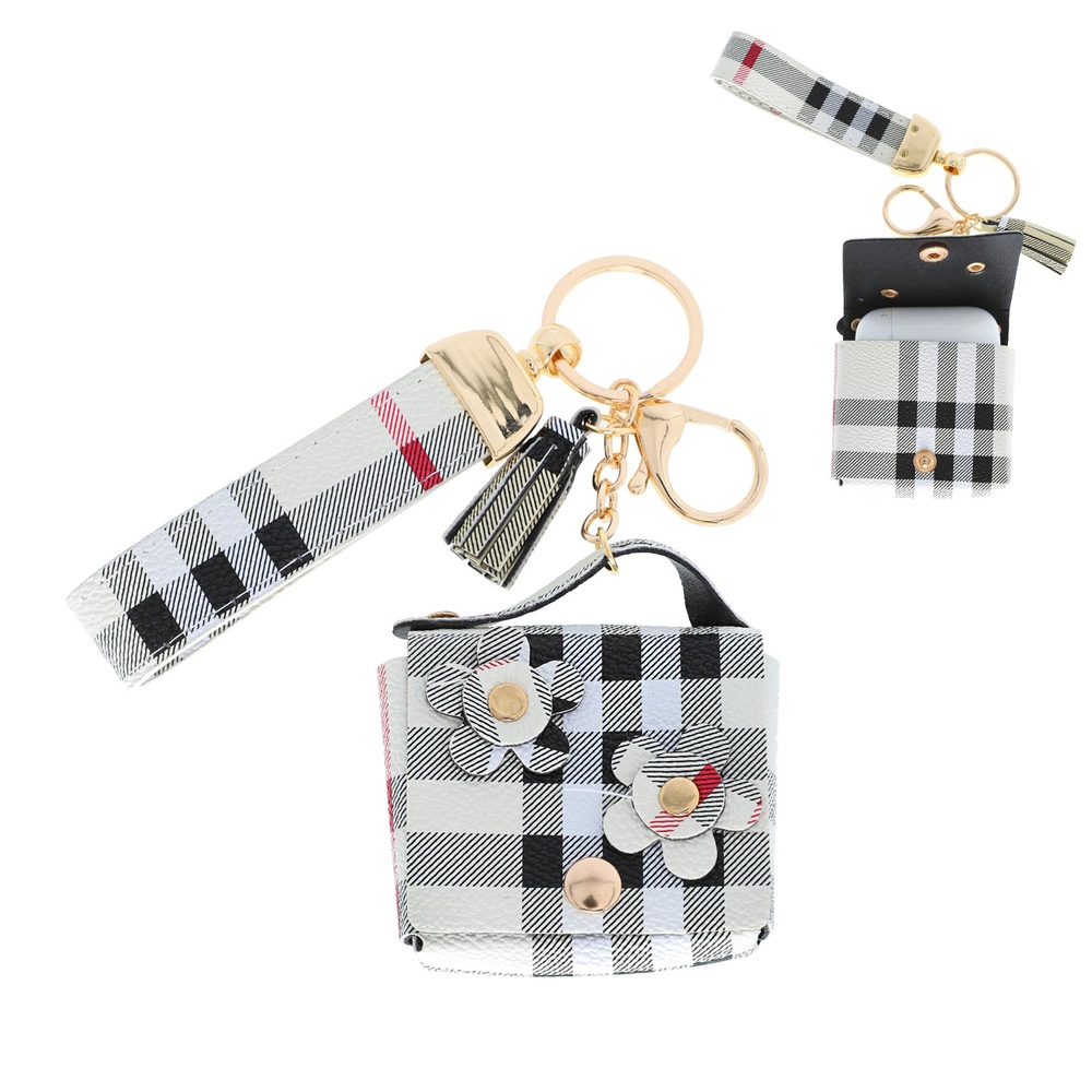 KCY12516 WHT PLAID FRINGE CHARM EARBUD CASE KEYCHAIN - Keychains