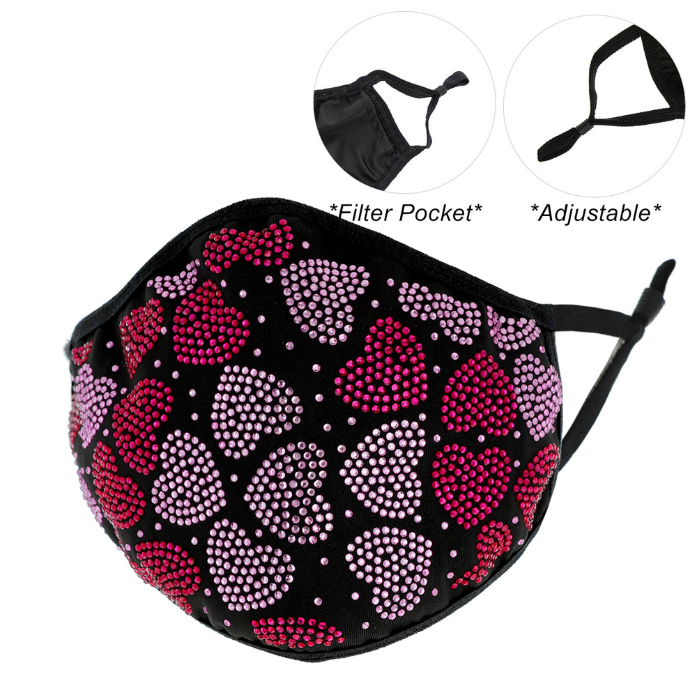 MASK11330 BPF HEART RHINESTONE BLING MASK W/ FILTER POCKET & ADJUSTABLE ...
