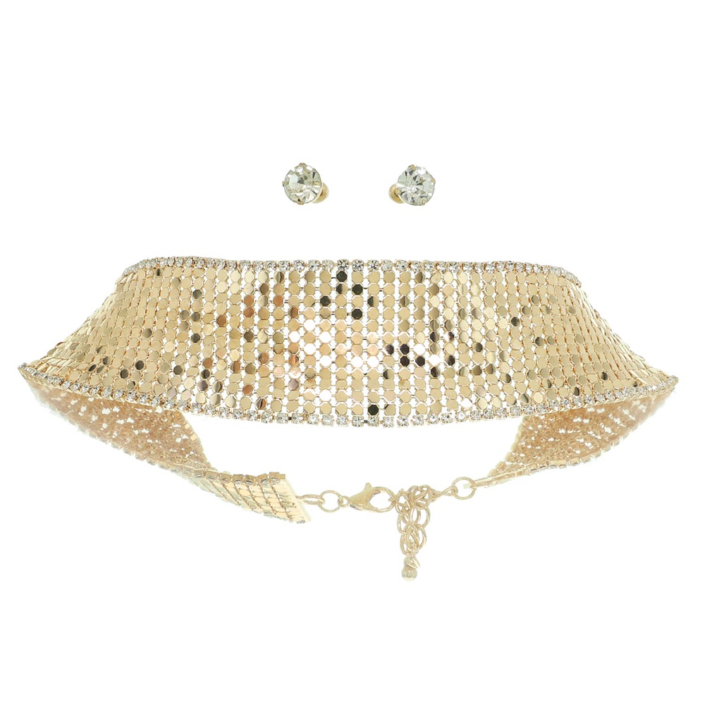 N12745 GD BLING METALLIC MESH CHOKER NECKLACE EARRING SET - Fashion