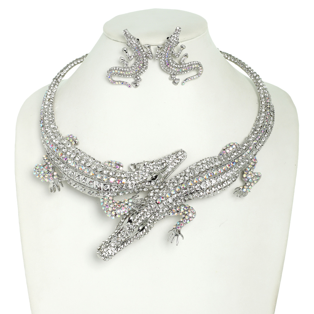 N13532 SAB RHINESTONE PAVE DOUBLE ALLIGATOR NECKLACE SET