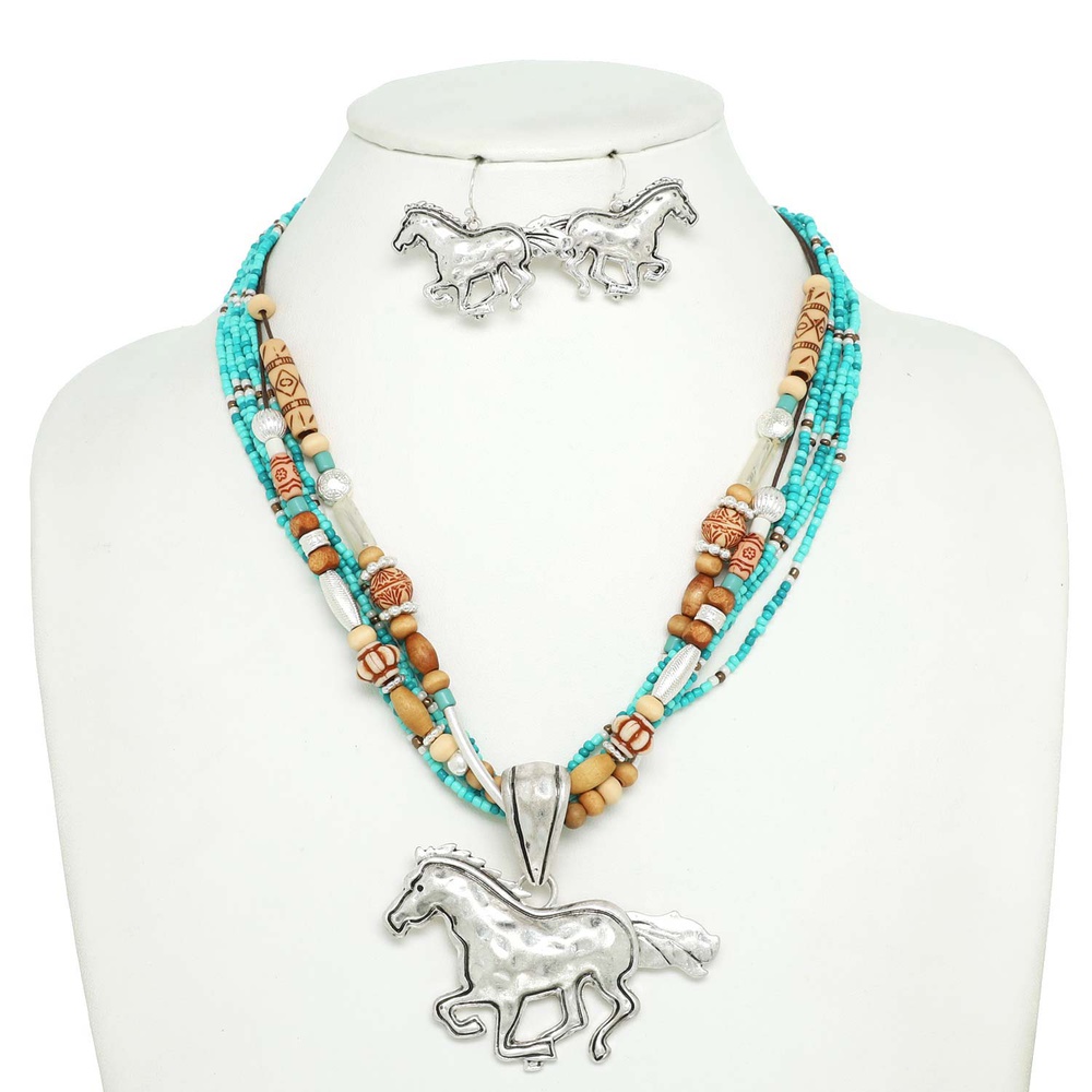 N14118 WSTQ WESTERN EQUESTRIAN BEAD MIX NECKLACE SET - Fashion