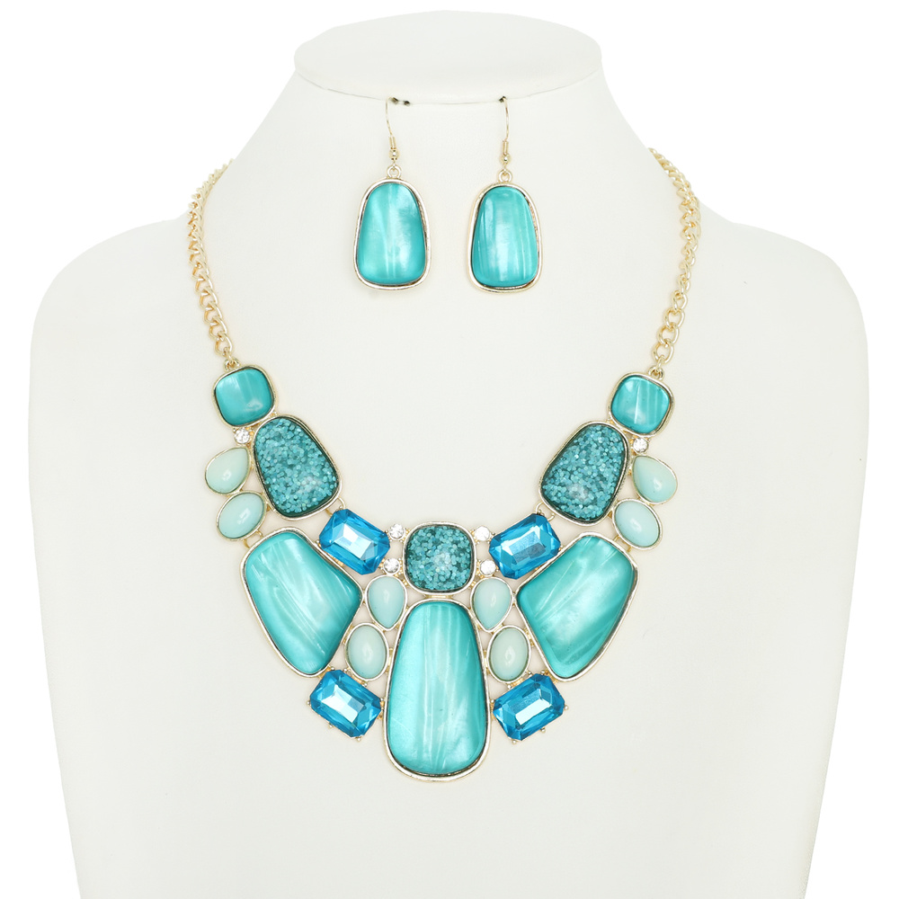 N14622 GBL ASSORTED AGATE CRYSTAL GEMSTONE BIB NECKLACE SET - Fashion