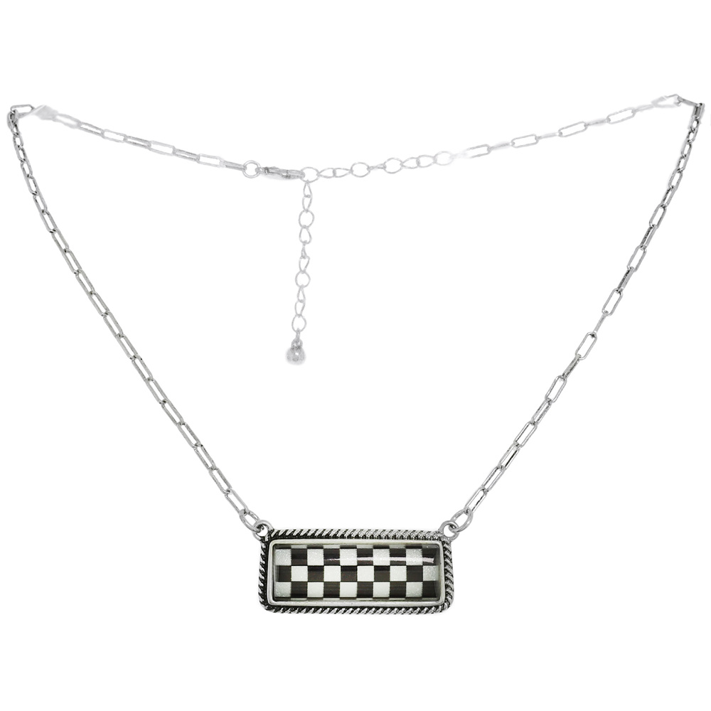 N15910 SBWT WESTERN CHECKERBOARD BAR PENDANT NECKLACE - Fashion