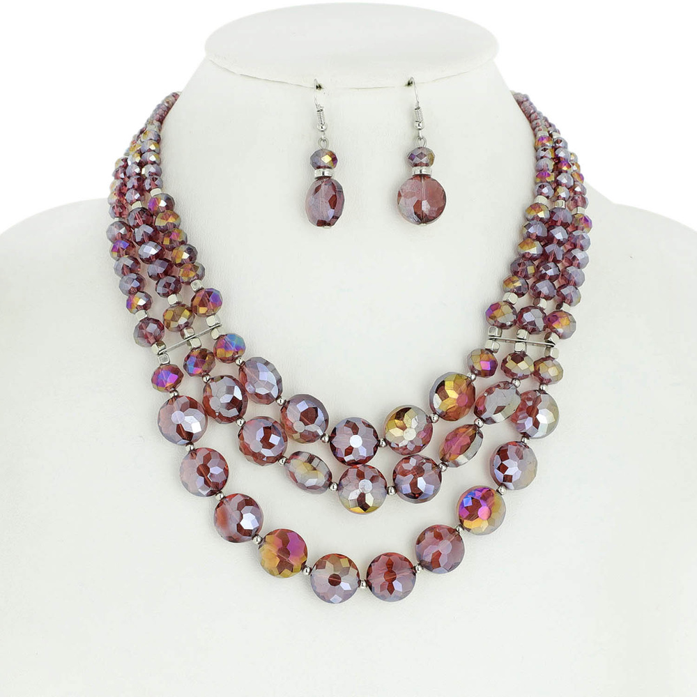 N6000 PU MULTI LAYERED BEAD STATEMENT NECKLACE AND EARRINGS SET - Fashion