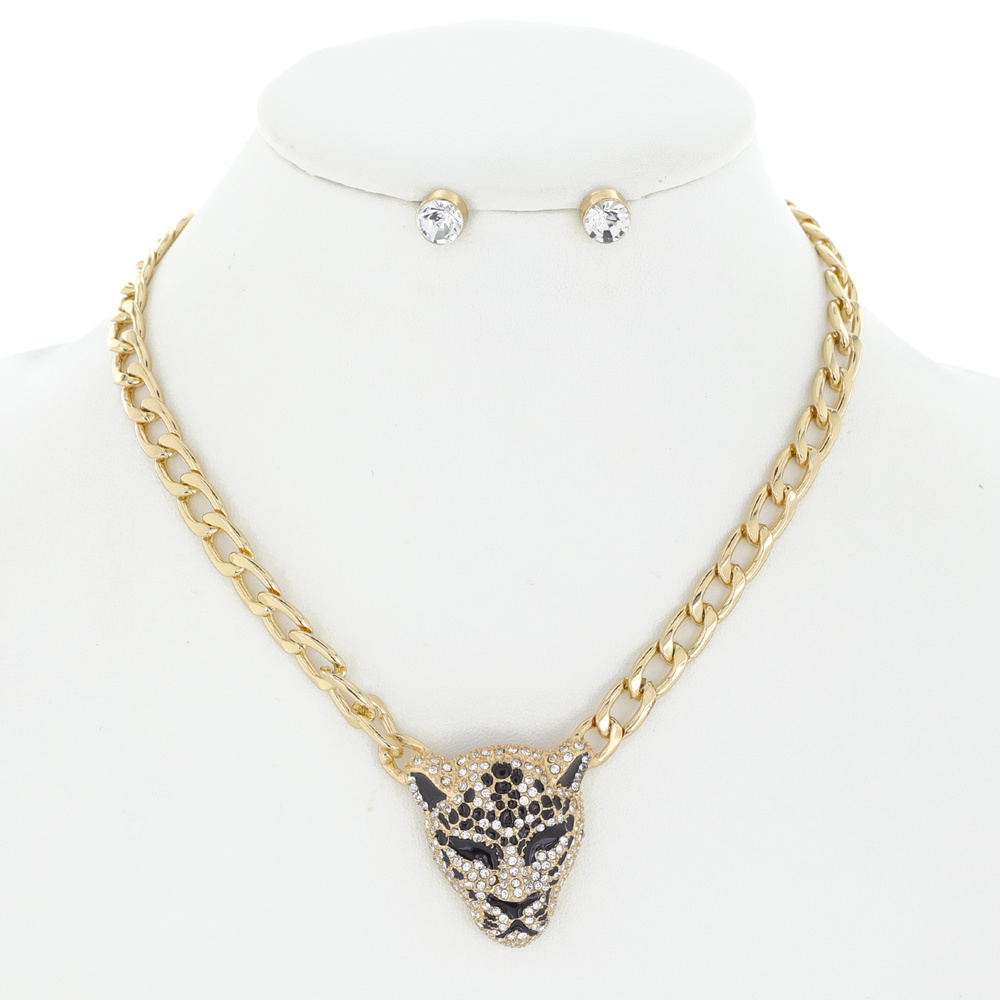 N6114 GDBLK CUBAN LINK CHAIN AND RHINESTONE PAVE LEOPARD PENDANT ...