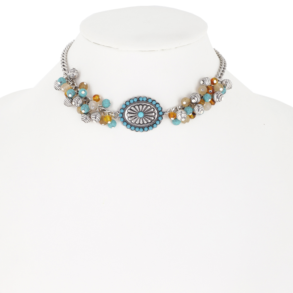 N7164 SBTQ WESTERN TURQUOISE MULTI-STONE CHARM CONCHO CHOKER NECKLACE ...
