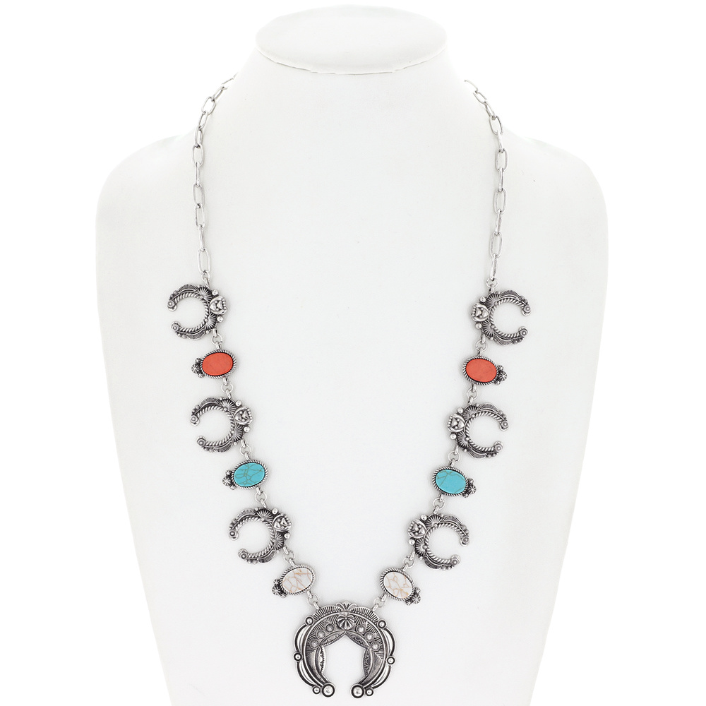 N7553 SBMUL SEMI STONE SQUASH BLOSSOM CHAIN LINK NECKLACE IN SILVER ...