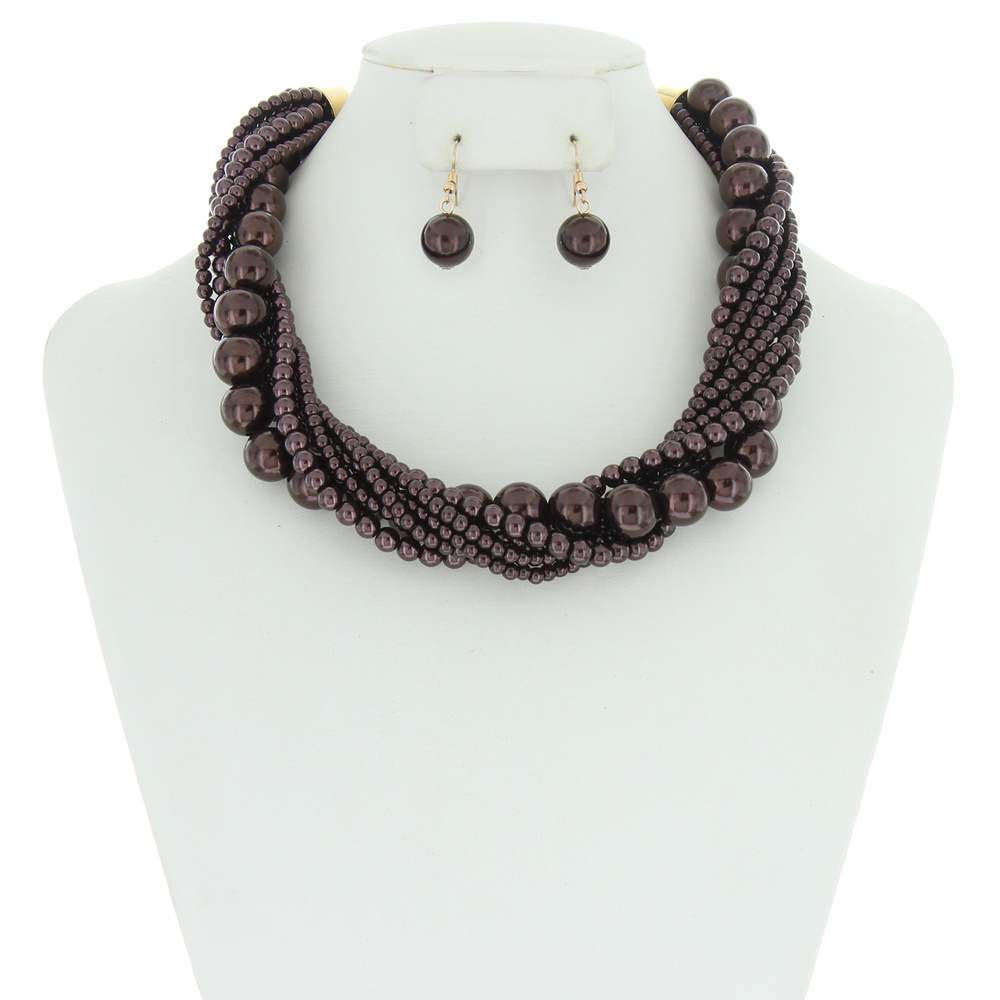 N9915 BN TWISTED SYNTHETIC PEARL NECKLACE EARRING SET
