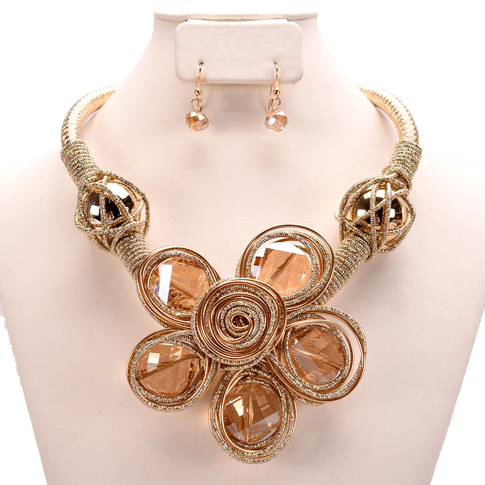NEY10682 G GEM FLOWER BIG BEAD NECKLACE SET - Fashion