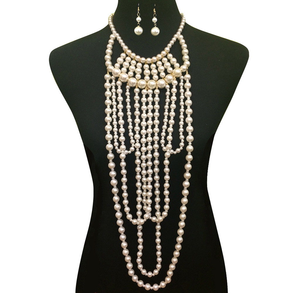 NPY060 GCR Extra Long Draped Pearls Chunky Necklace And Earrings Set ...