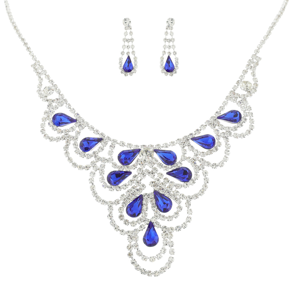 NRY12045 SGR CRYSTAL RHINESTONE SCALLOPED ADJUSTABLE V-SHAPE BIB NECKLACE EARRING SET