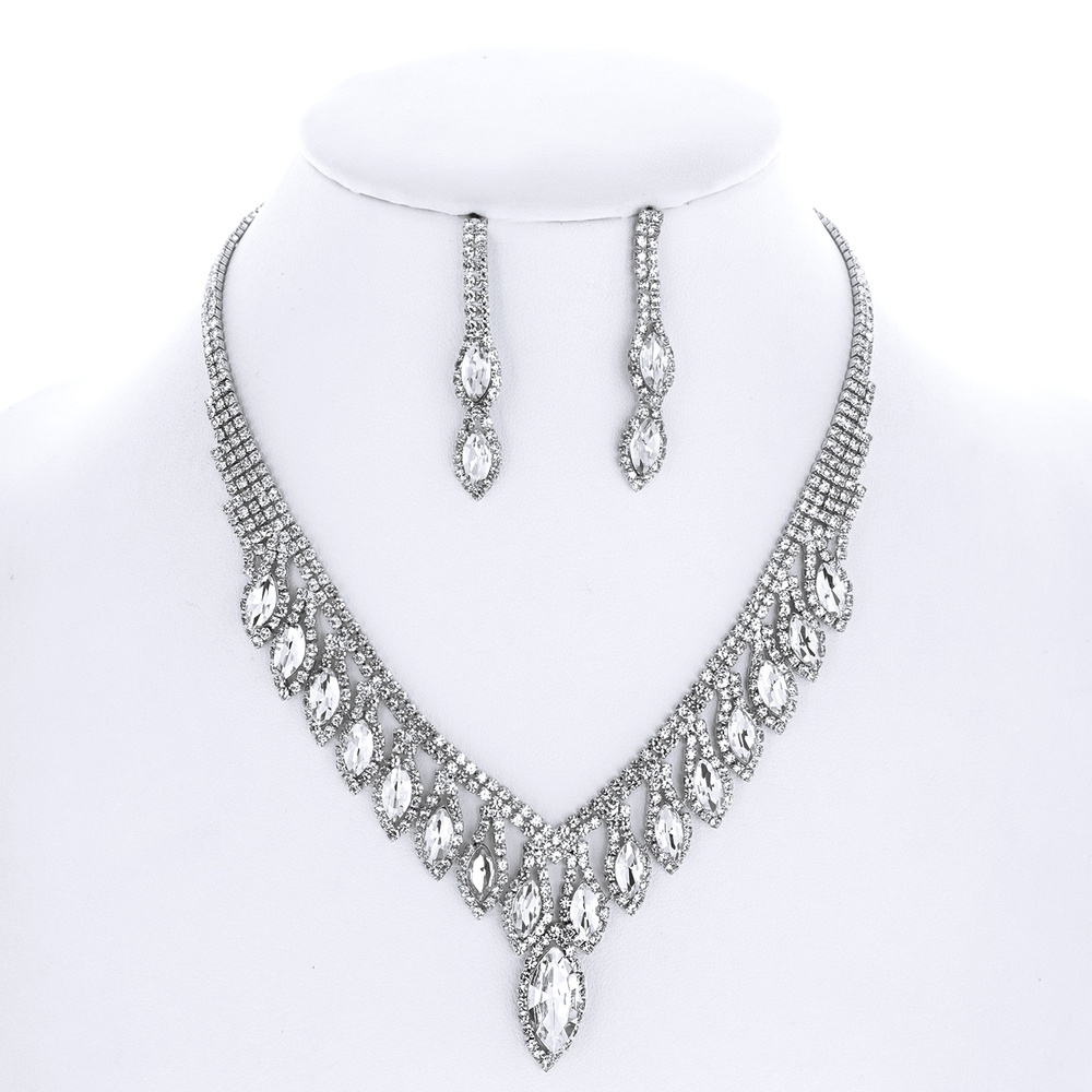 NRY12129 SCL CRYSTAL PETAL V-SHAPE FRINGE ADJUSTABLE NECKLACE EARRING ...