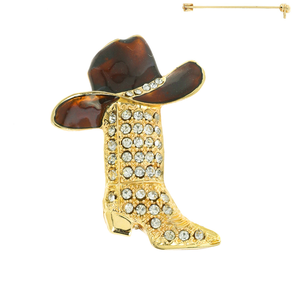 P11305 BROWN CRYSTAL RHINESTONE JEWELED COWBOY BOOT BROOCH PIN - Dressy