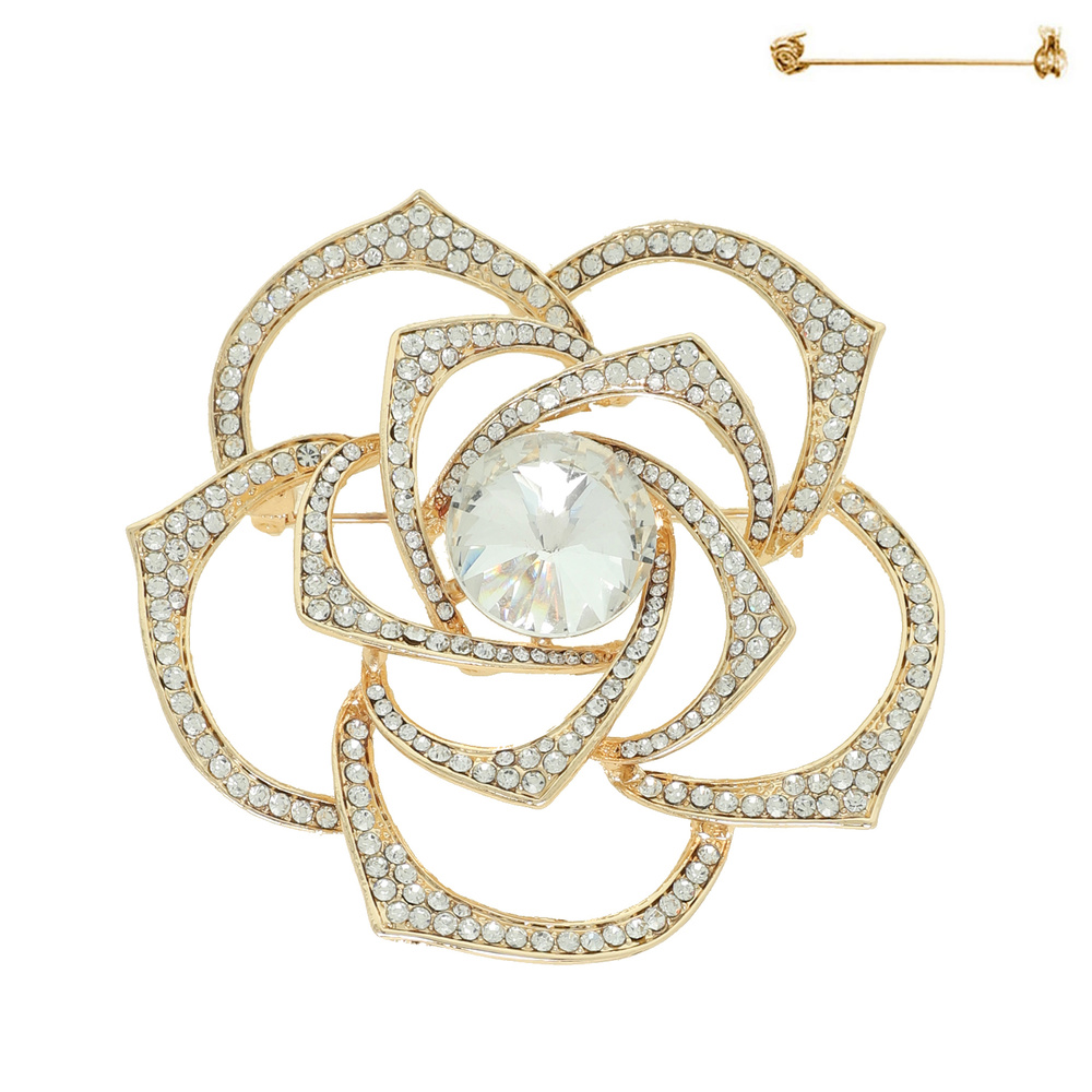 P13548 PNG VINTAGE CRYSTAL ROSE OUTLINE BROOCH PIN - Flower