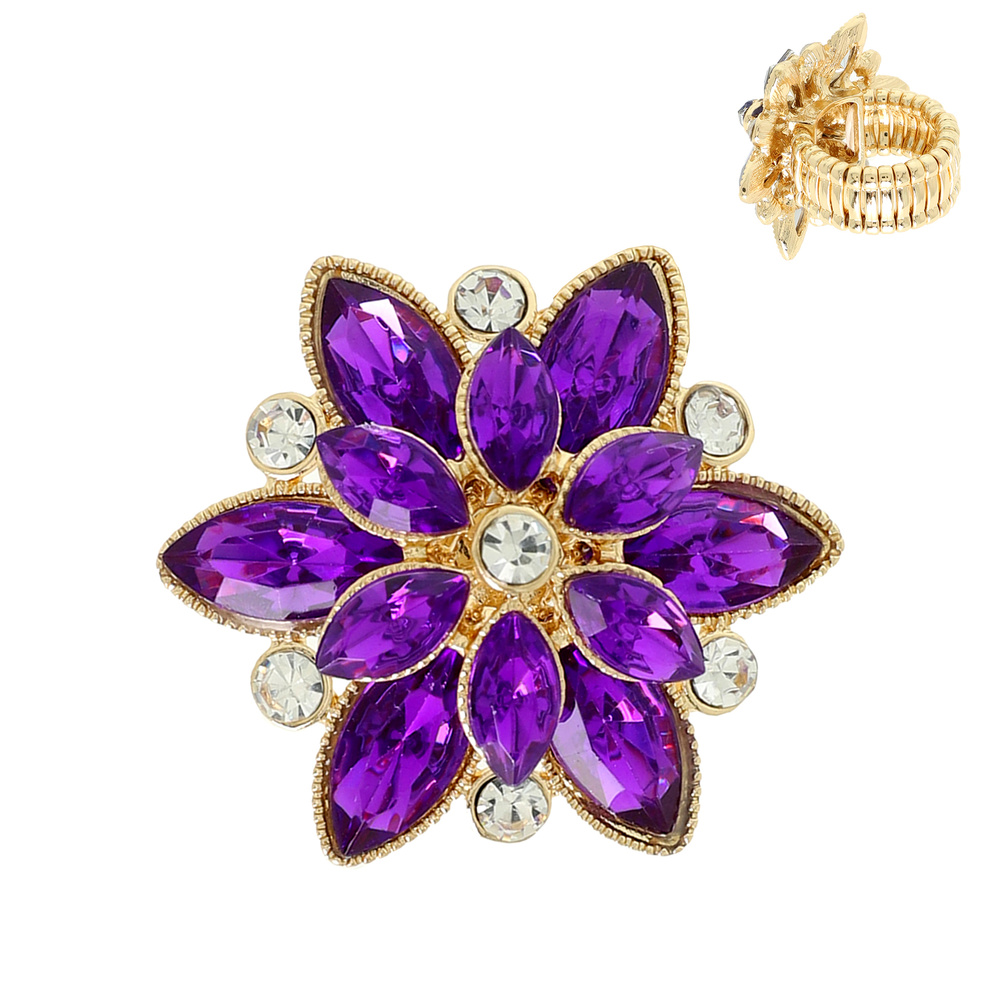RQ198 GPU FLORAL CRYSTAL GEMSTONE COCKTAIL STRETCH RING
