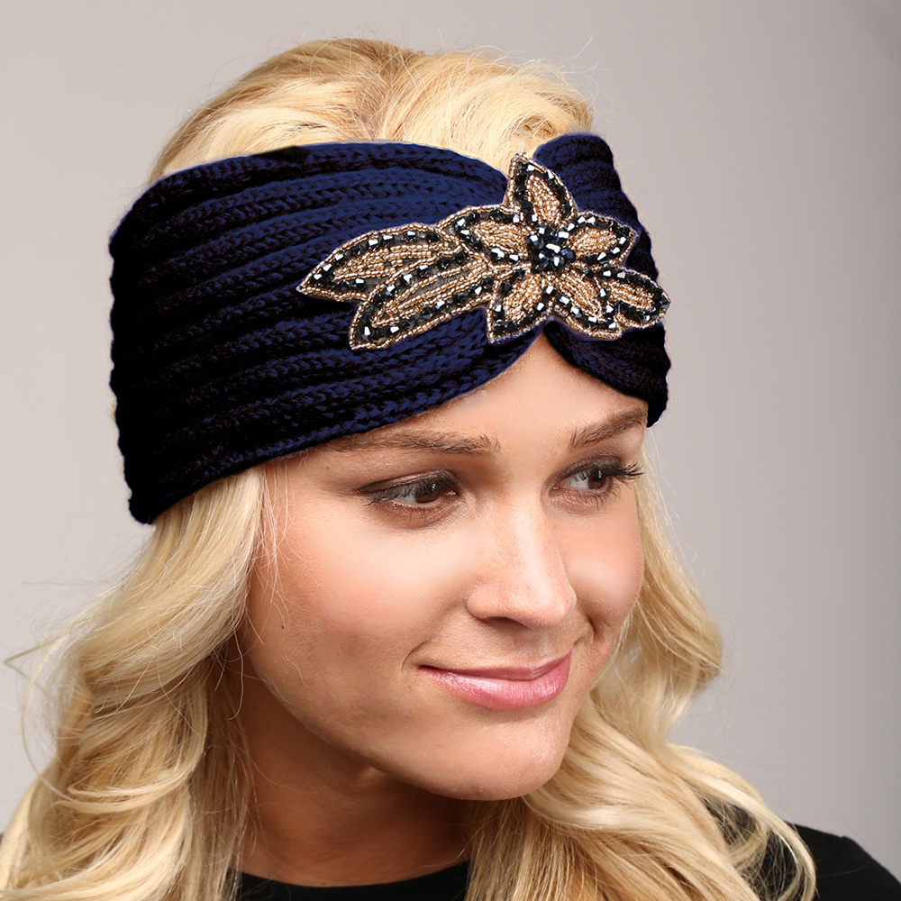 S1217 BL KNIT HEAD BAND W/ SEQUIN FLOWER - Fashion - Head Wraps & Turban