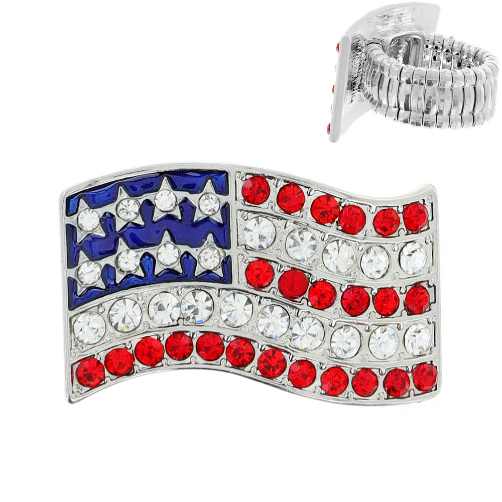 SFR8 R Patriotic Wavy American Flag With Stones Stretch Ring Sfr8R