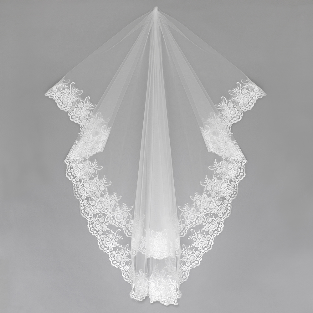 VEIL2275 2 TIER CLASSY ELEGANT BRIDAL VEIL LACE FLORAL TRIM EDGE - Veils