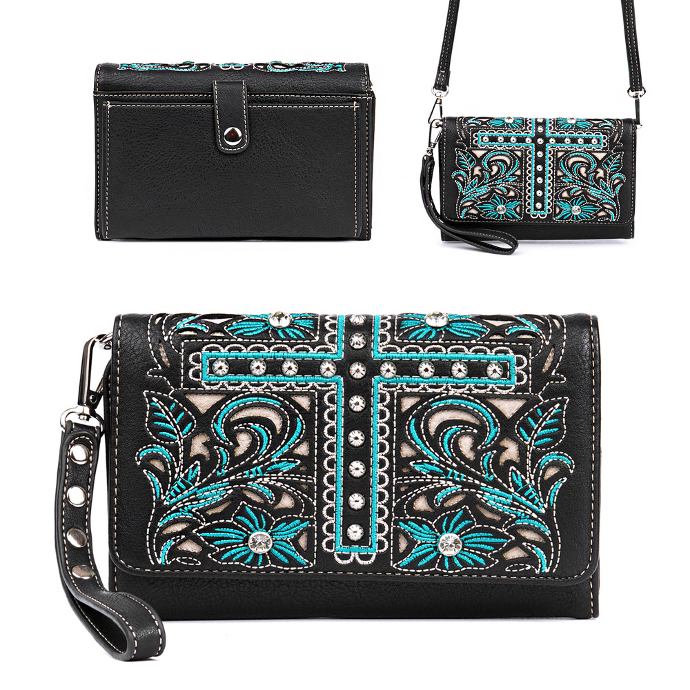 WAL11272 BK VINTAGE WESTERN CROSS DESIGN PU LEATHER WALLET WRISTLET ...